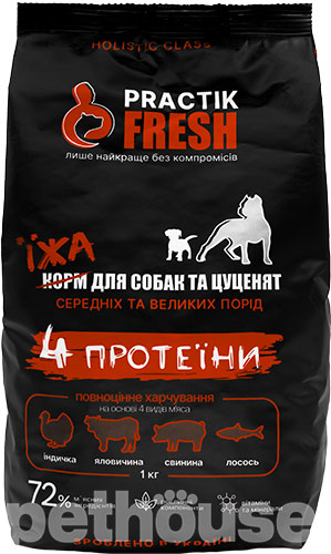Practik Fresh "4 протеїни" для цуценят і дорослих собак середніх та великих порід сухий корм для ...
